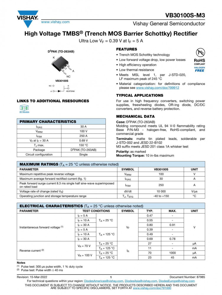 VB30100S-M3 datasheet page 1