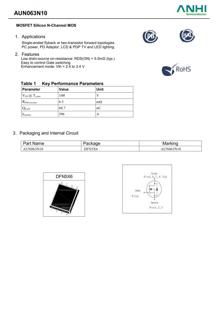 AUN063N10 datasheet page 1