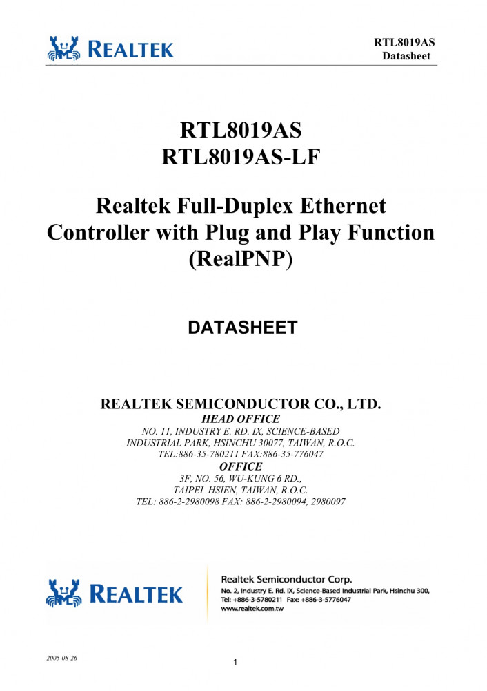 RTL8019AS datasheet page 1