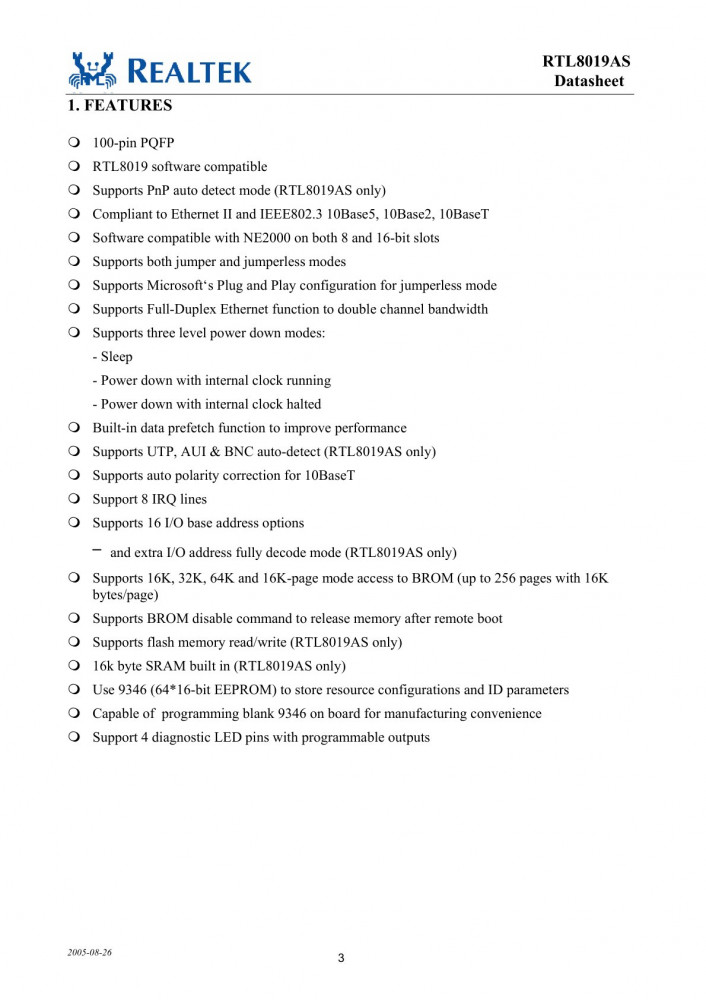 RTL8019AS datasheet page 3