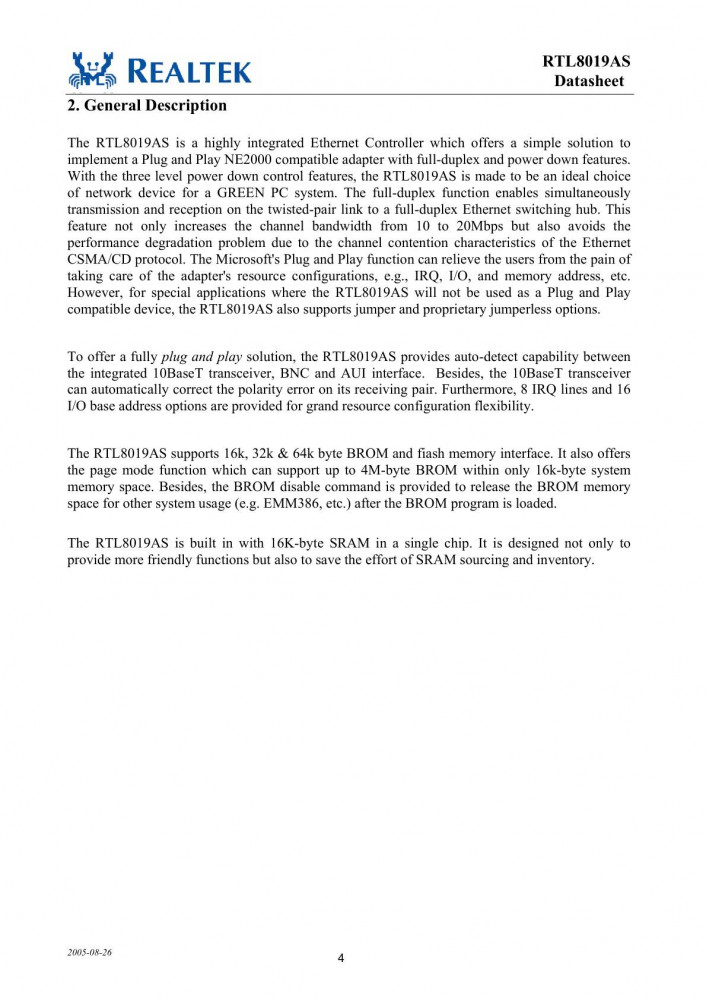 RTL8019AS datasheet page 4