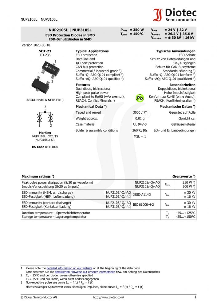 NUP2105L datasheet page 1