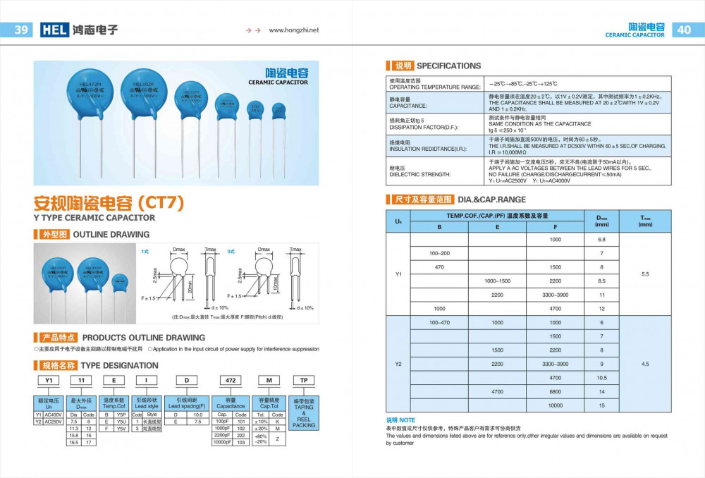 Hongzhi Elec CT7 Y-type ceramic capacitor specification page