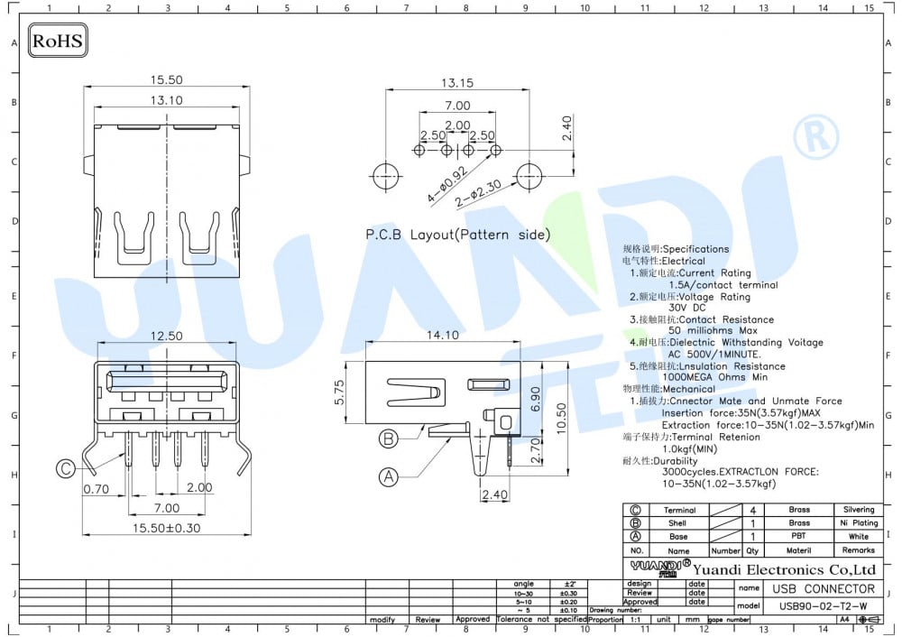 YUANDI USB90-02-T2-W technical drawing