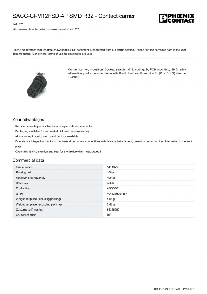 Phoenix Contact 1411975 technical document page 1