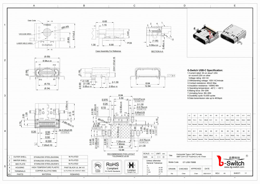 GT-USB-7088B technical drawing page 1