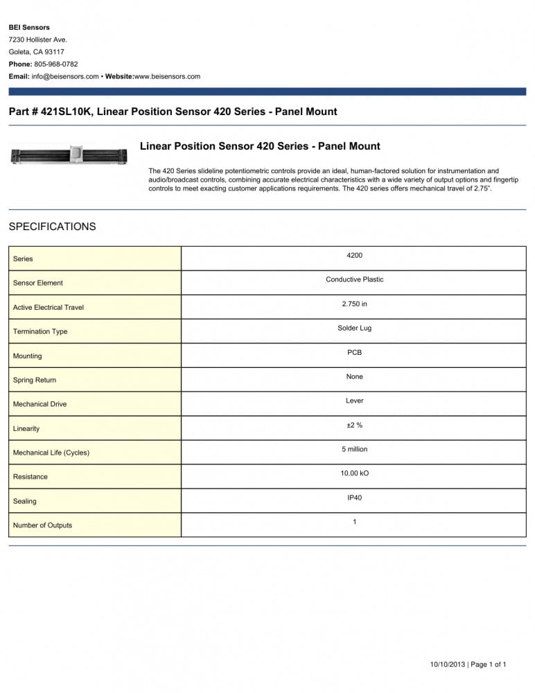Sensata 420 Series technical document page