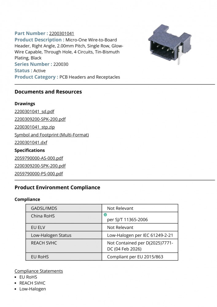 MOLEX 2200301041 product documentation preview, page 1