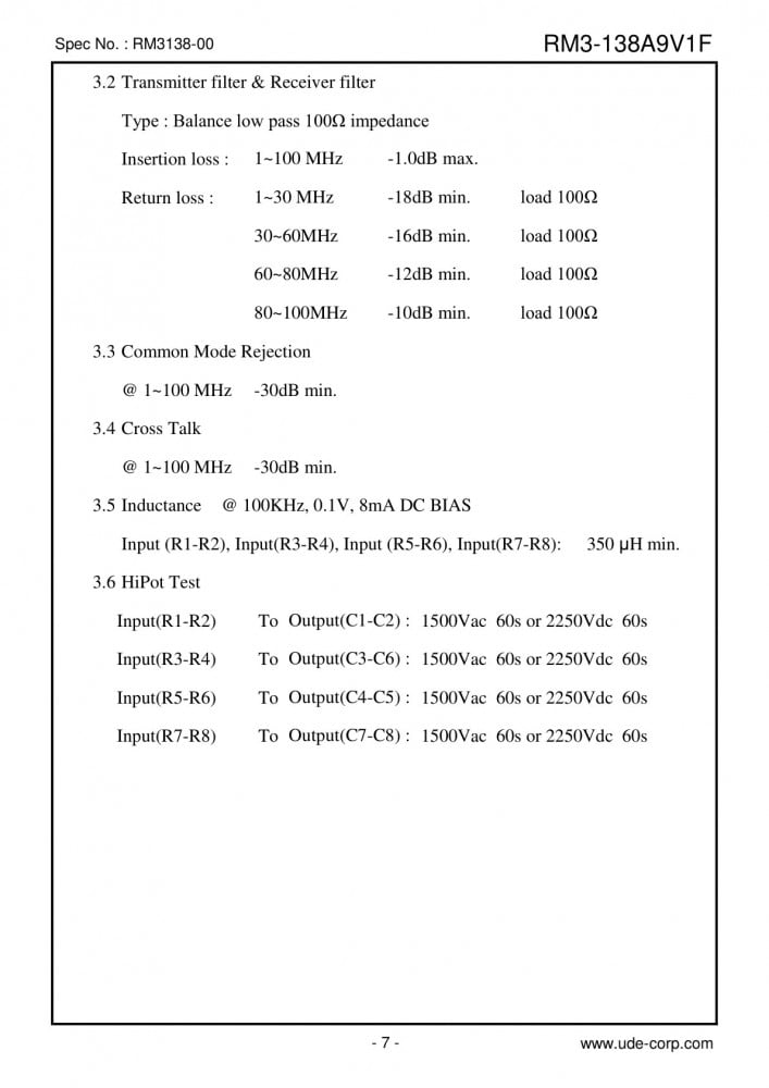 RM3-138A9V1F HiPot and performance data