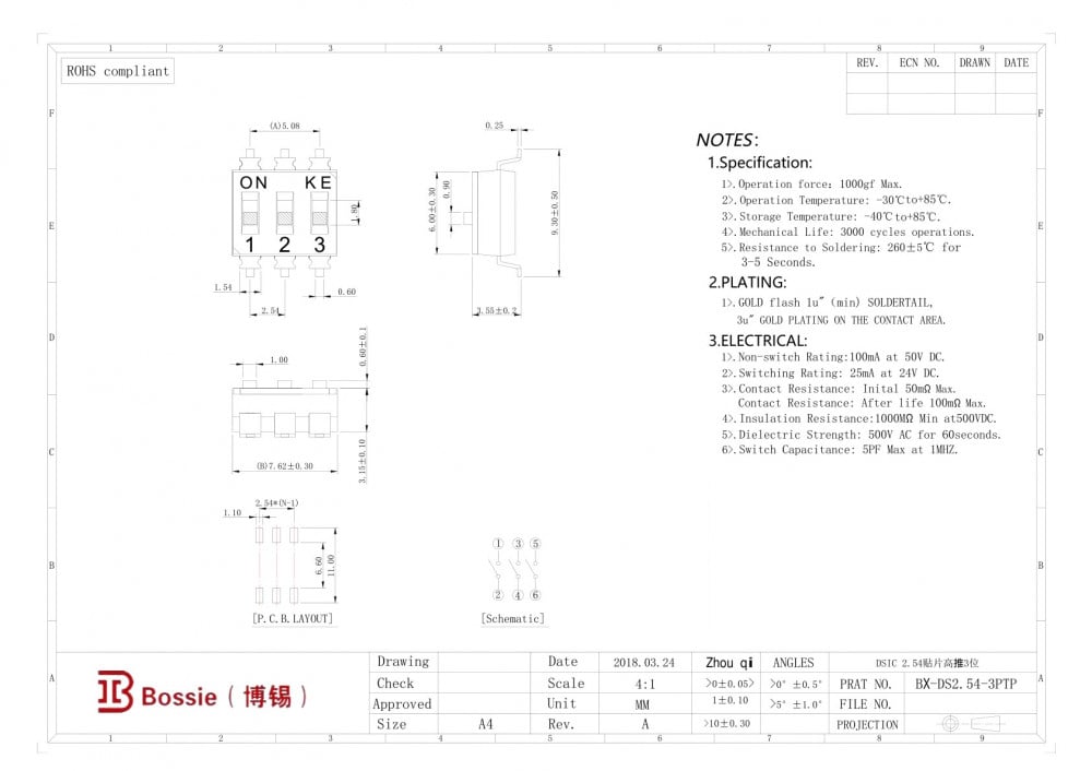 Bossie BX-DS2.54-3PTP technical drawing sheet