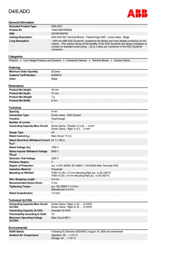Technical document page 1 for D4/6.ADO terminal block