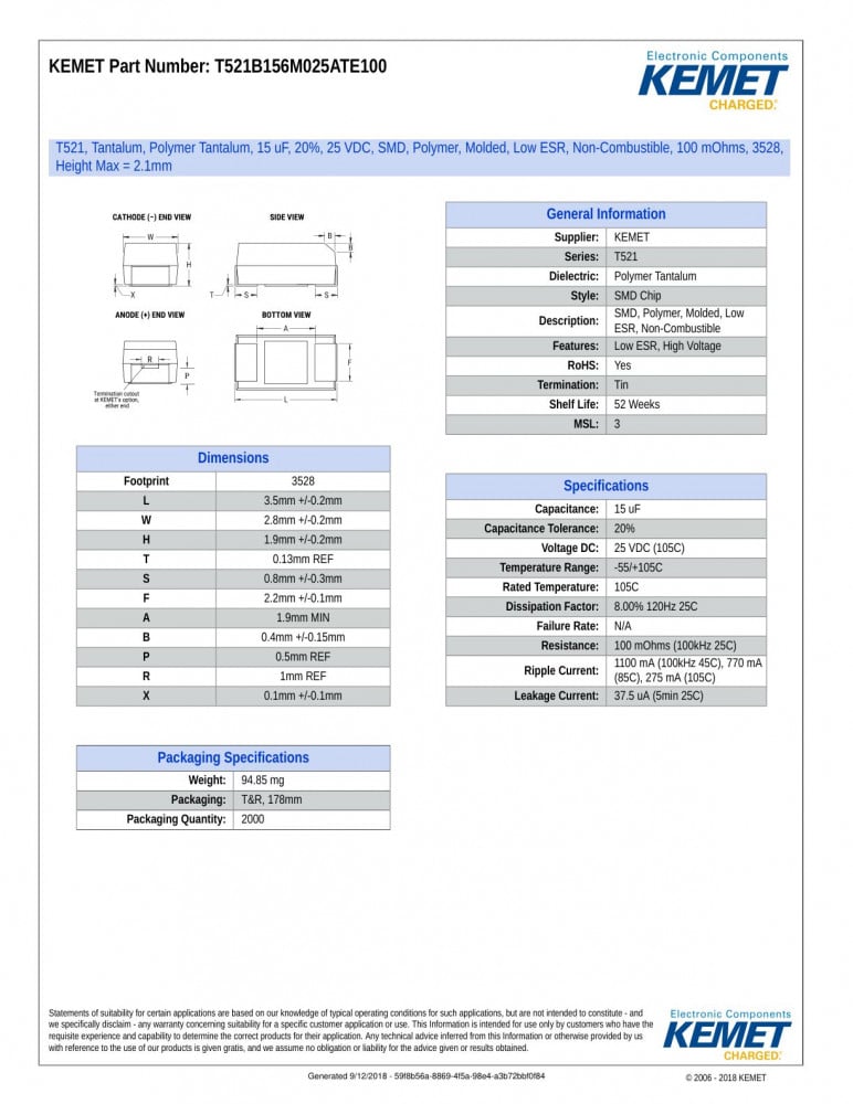 KEMET T521B156M025ATE100 technical document preview