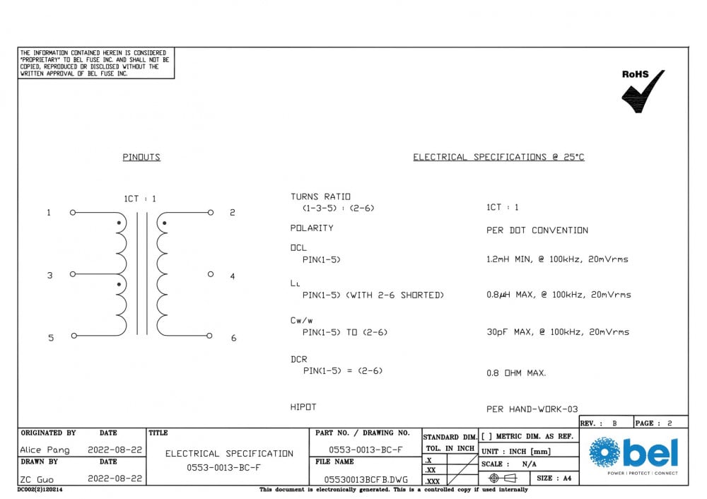 Bel Fuse 0553-0013-BC-F technical drawing page 1