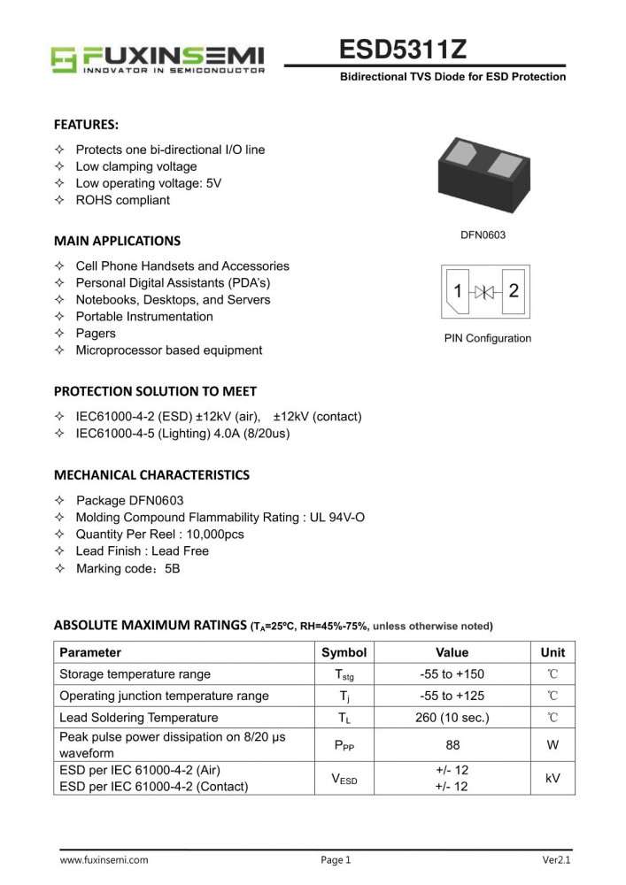 ESD5311Z datasheet page 1