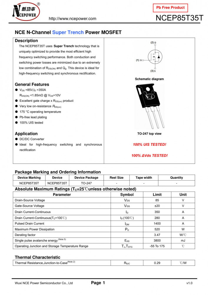 NCEP85T35T datasheet page 1