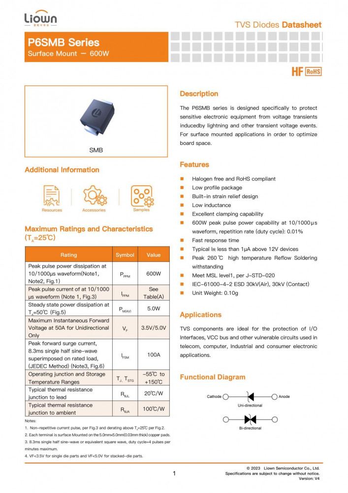 Liown P6SMB series datasheet page 1
