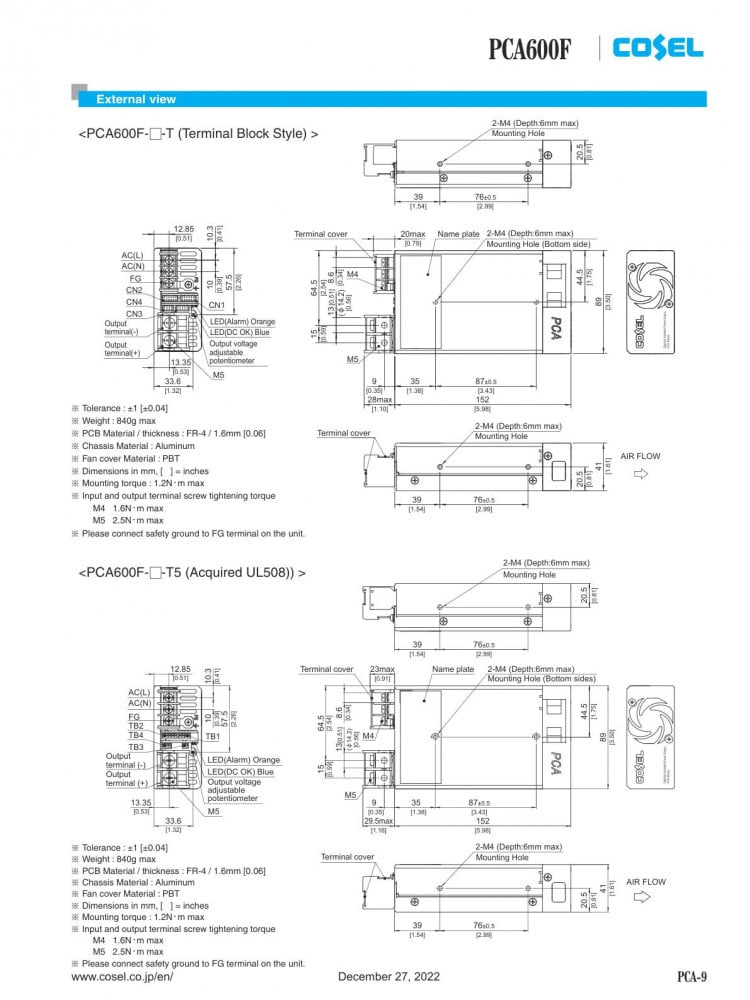 Cosel PCA600F-24-G datasheet page 9