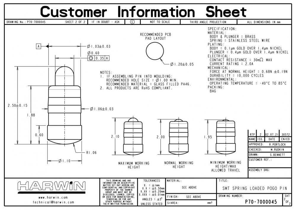 Harwin P70-7000045 customer information sheet drawing