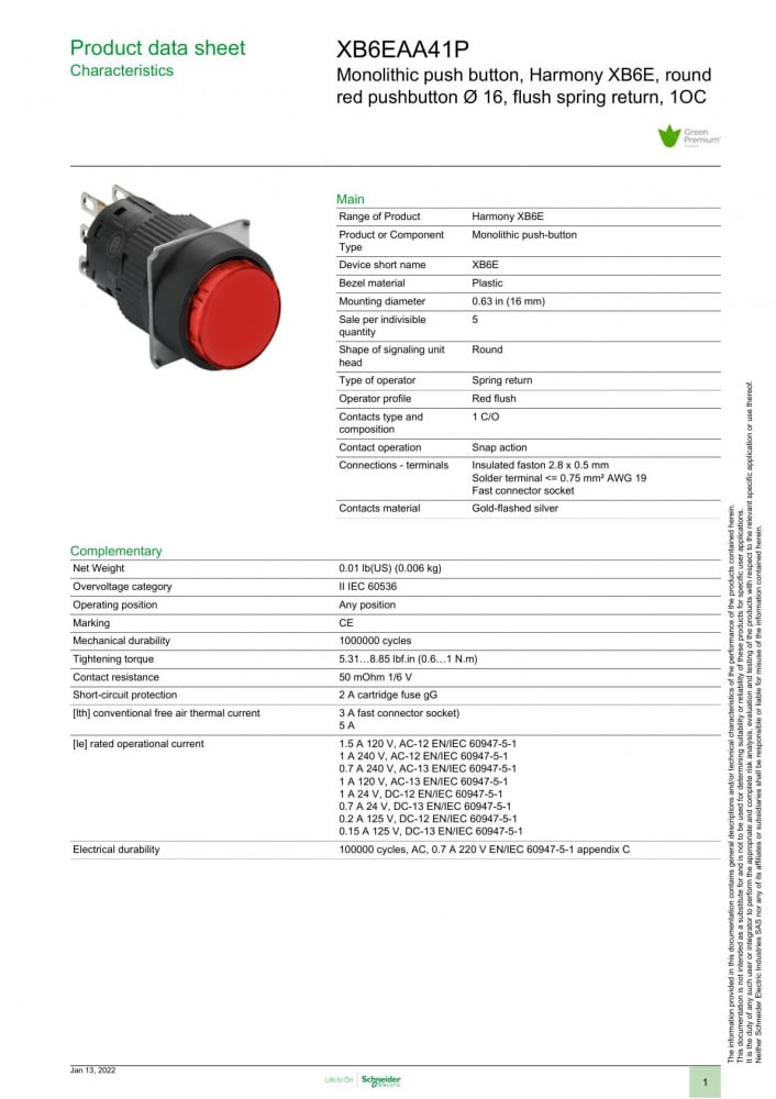 XB6EAA41P technical document page 1