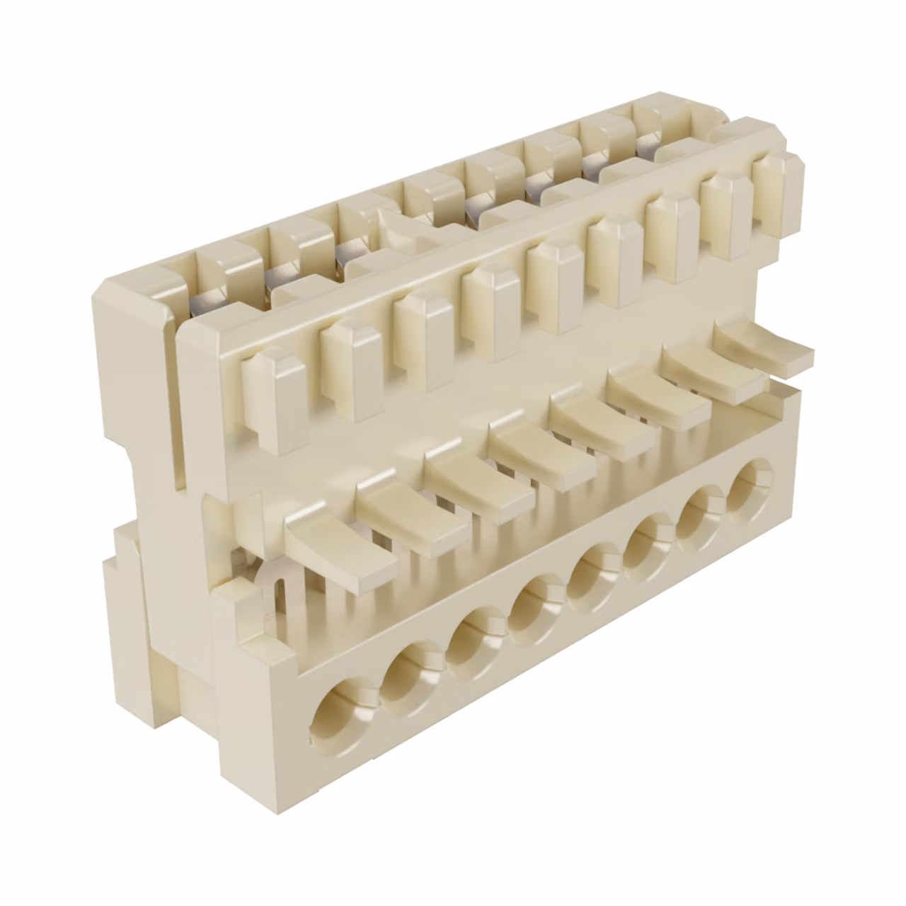 Appli-Mate RAST 2.5 Connector, 2.50mm Pitch, Female, 8 Circuits, Positions A and I Removed, Polarizing Rib Between 7/8, Locking Pips, Open Endwalls, Tin Plating