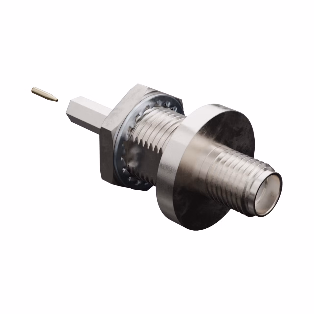 SMA Jack, Straight, Bulkhead, Crimp, RG-174 Cable, Front Mount, Brass Body, Nickel (Ni) Plated, 50 Ohms for sale