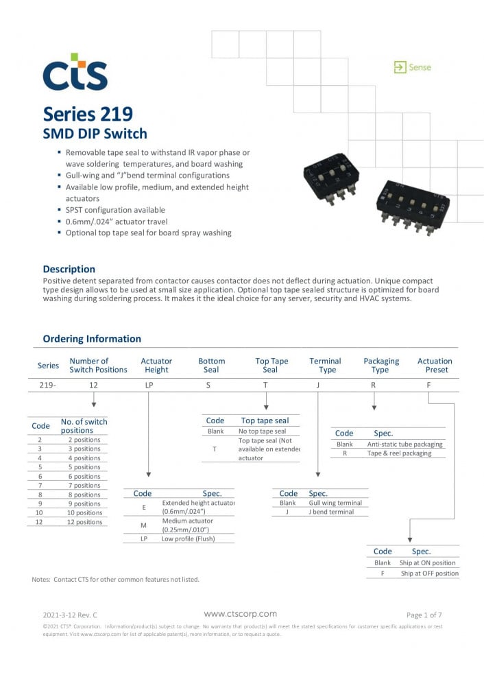 CTS Series 219 datasheet page 1