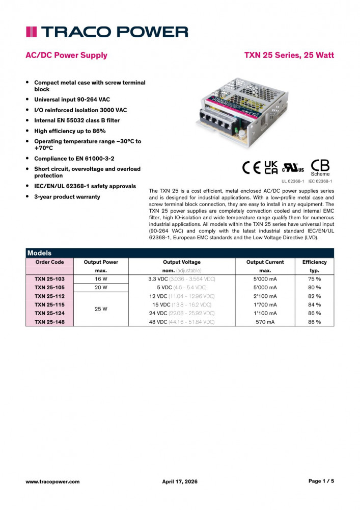 TXN 25 series technical document, page 1