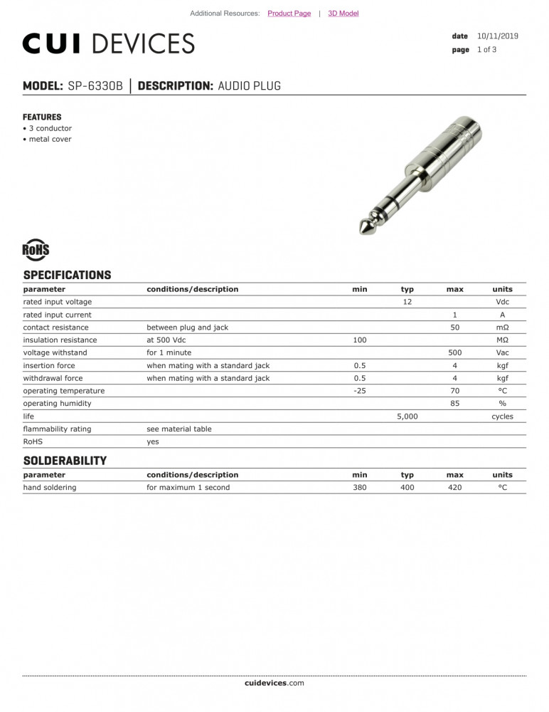 CUI SP-6330B product document page 1