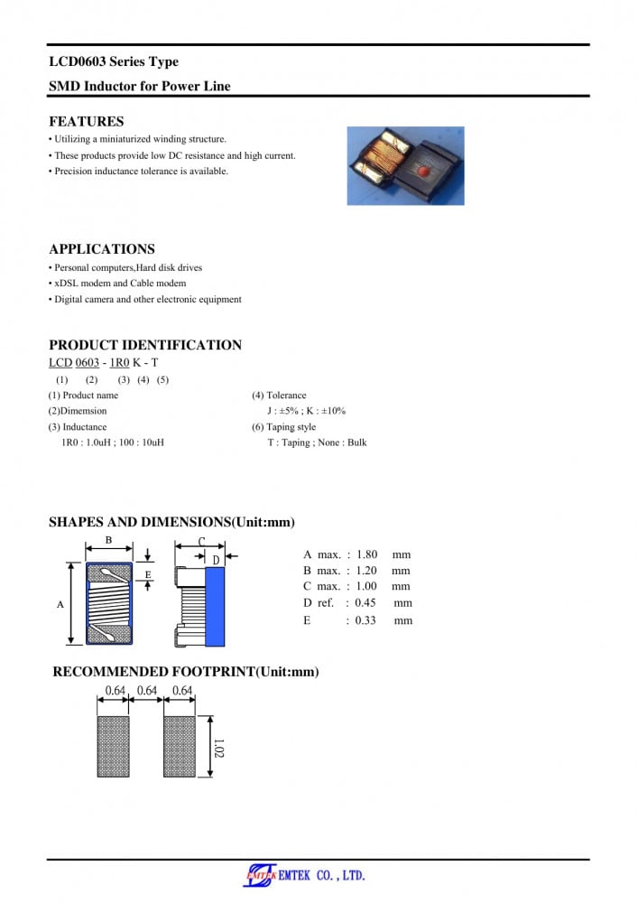 EMTEK LCD0603 series technical document page 1