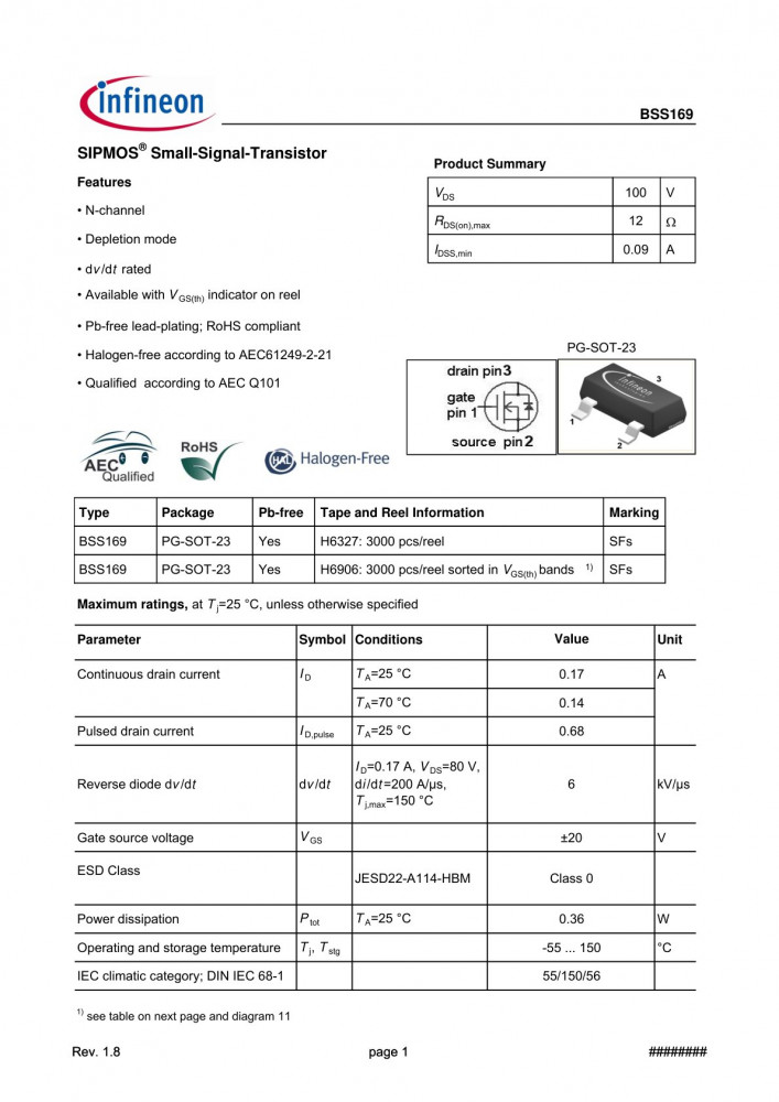BSS169H6327 datasheet page 1