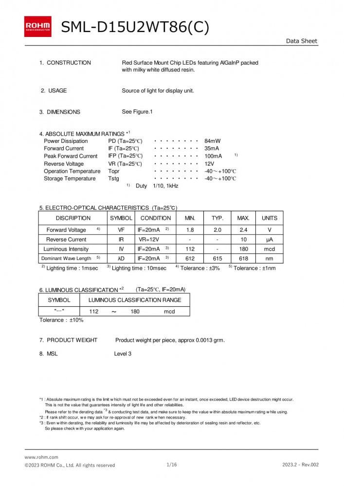 SML-D15U2WT86C technical document page 1