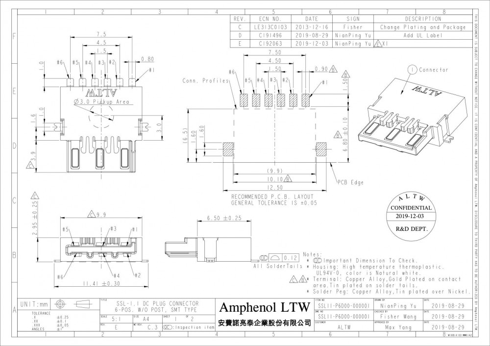 Amphenol SSL11-P6D00-000001 drawing sheet 1
