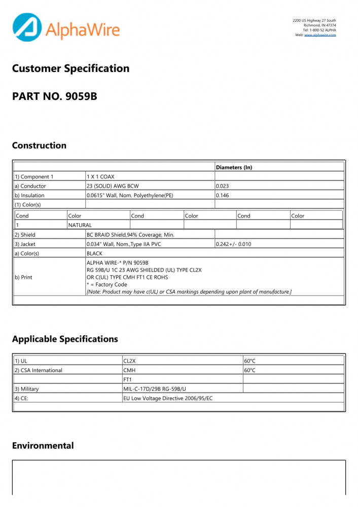 Alpha Wire 9059B technical document page 1