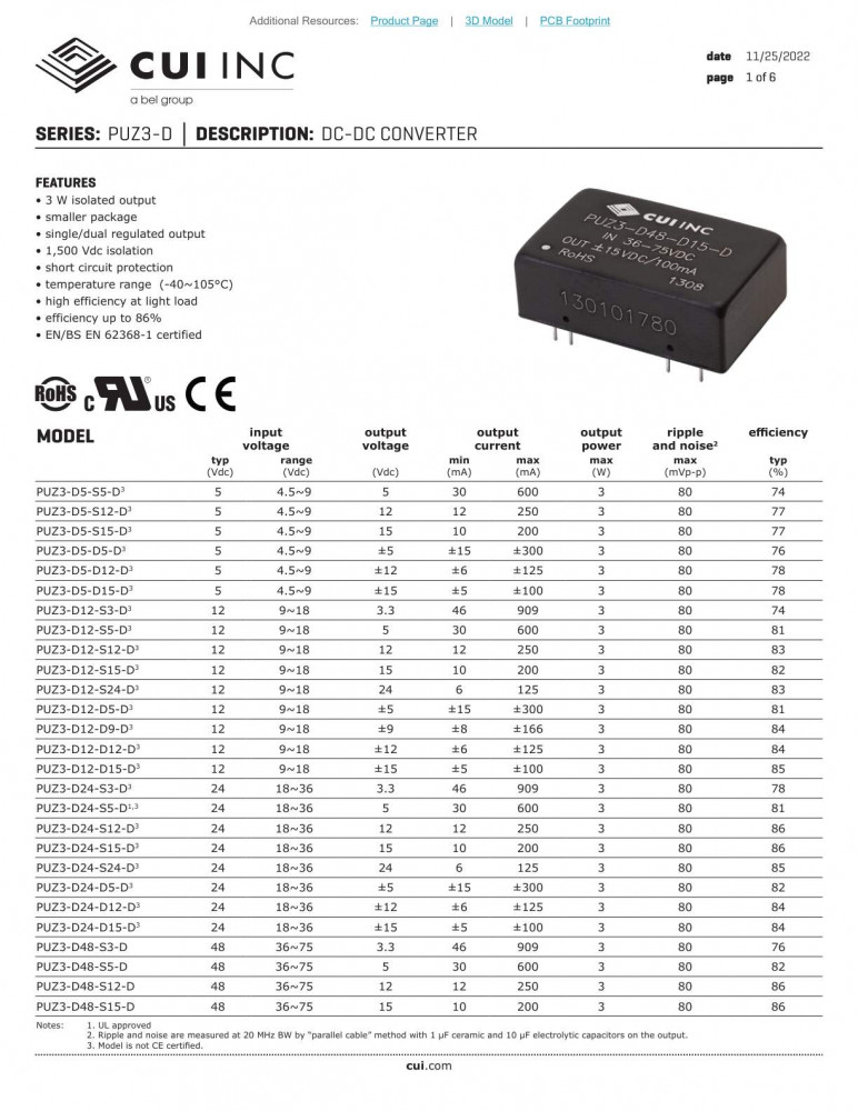 CUI PUZ3-D series datasheet, page 1