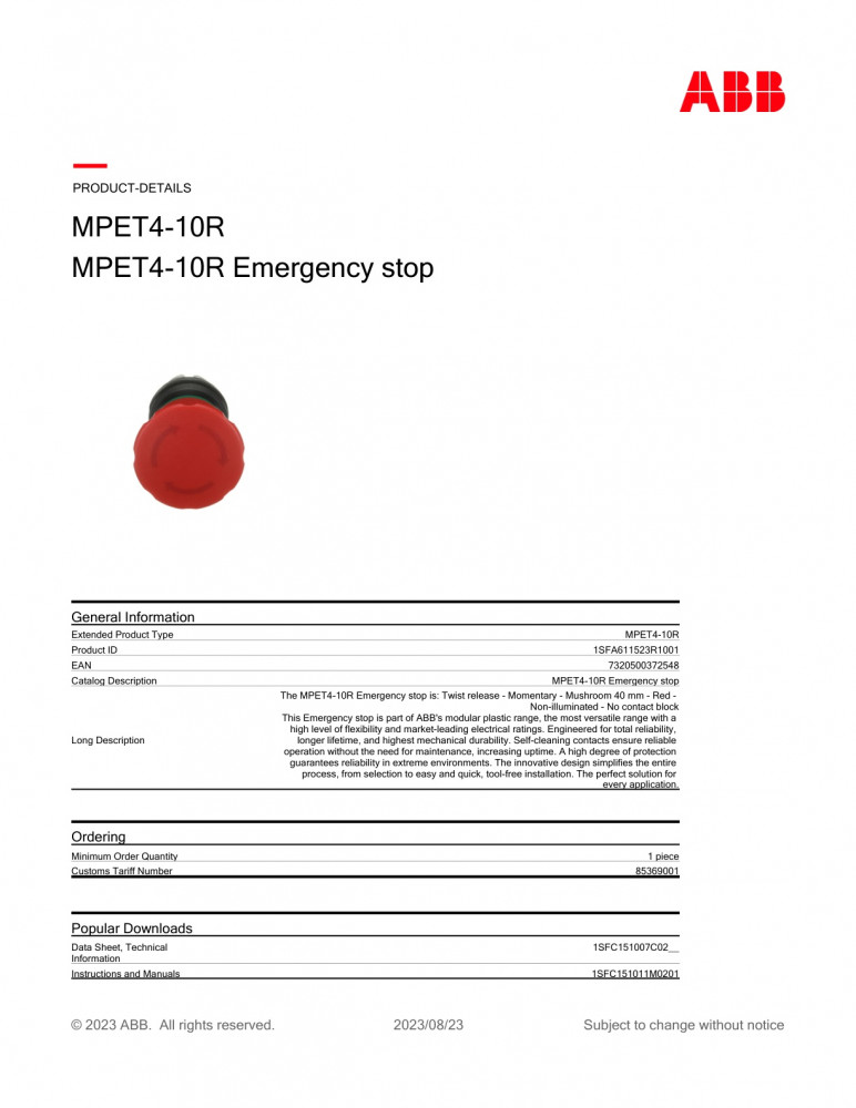 ABB MPET4-10R technical document page 1