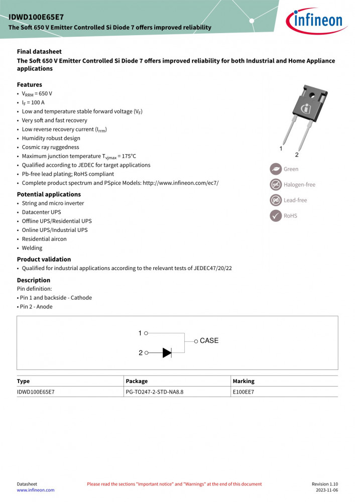 IDWD100E65E7XKSA1 datasheet page 1