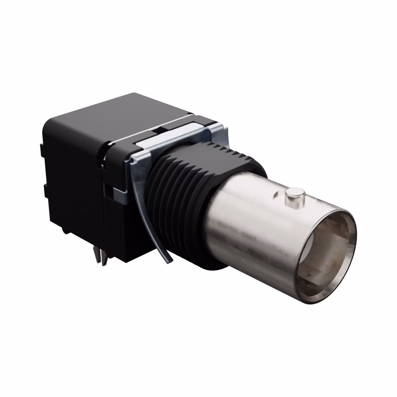 BNC Jack, Right-Angle, Bulkhead Receptacle, PCB, with Board Lock Legs, Filtered, Panel Isolated, Black PBT Housing, Housing Height 13.16mm, Tray, 50 Ohms for sale