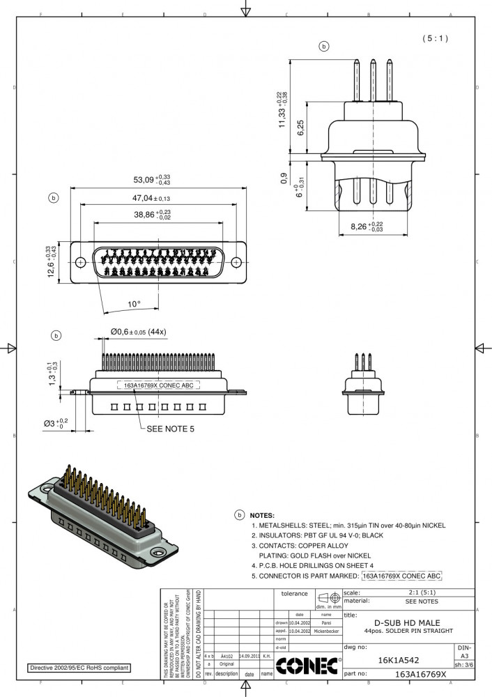 CONEC 163A16769X D-Sub HD male 44-position drawing