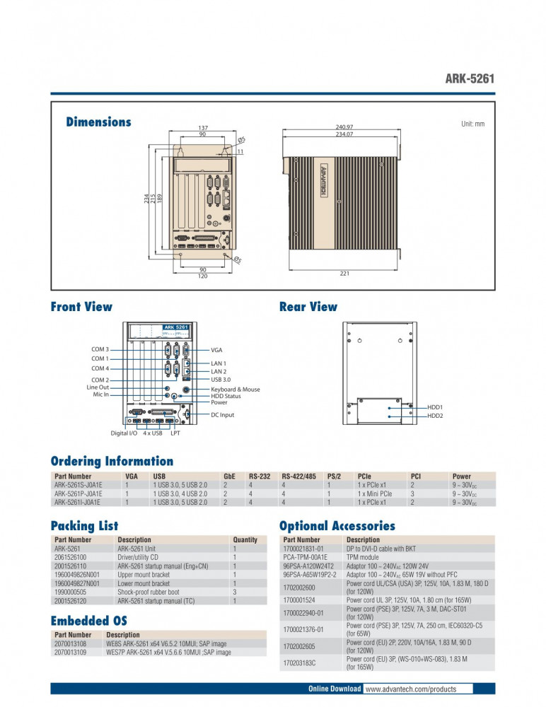 ADVANTECH ARK-5261S-J0A1E technical document page 2
