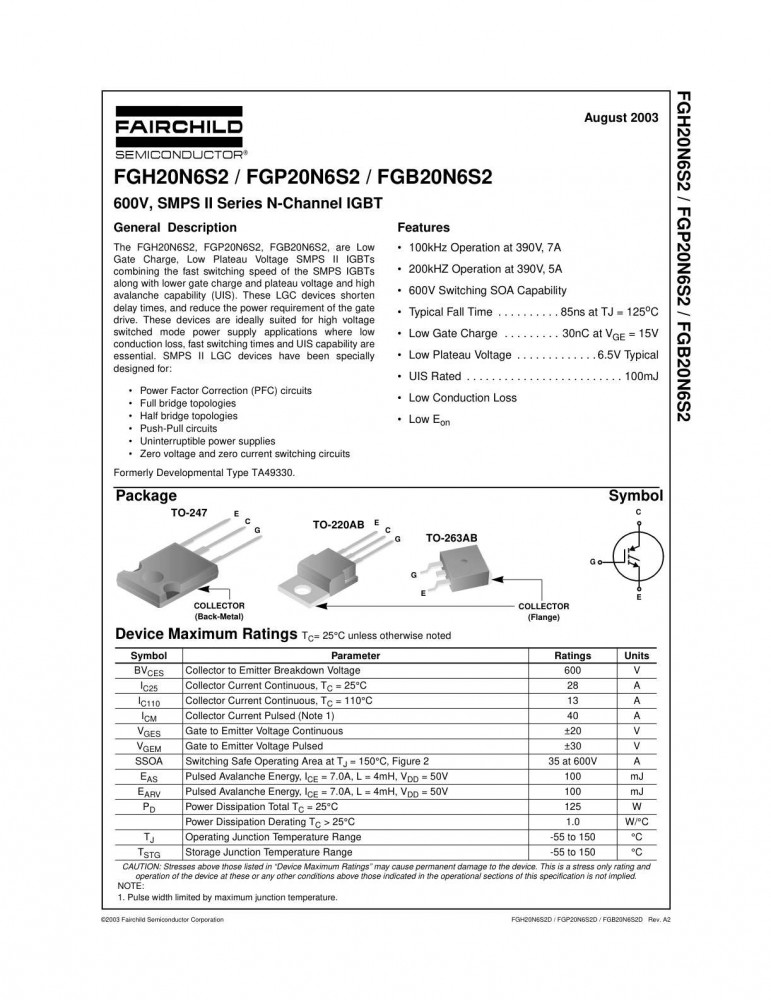 FGP20N6S2 datasheet page 1
