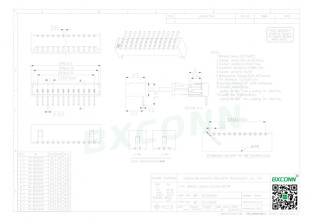 BXCONN WF-1B125AxP preliminary product drawing preview