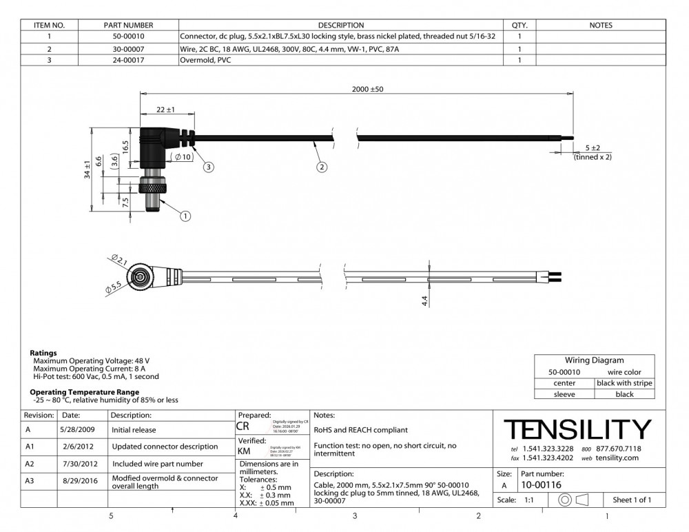 Tensility International item 10-00116 technical drawing and assembly information