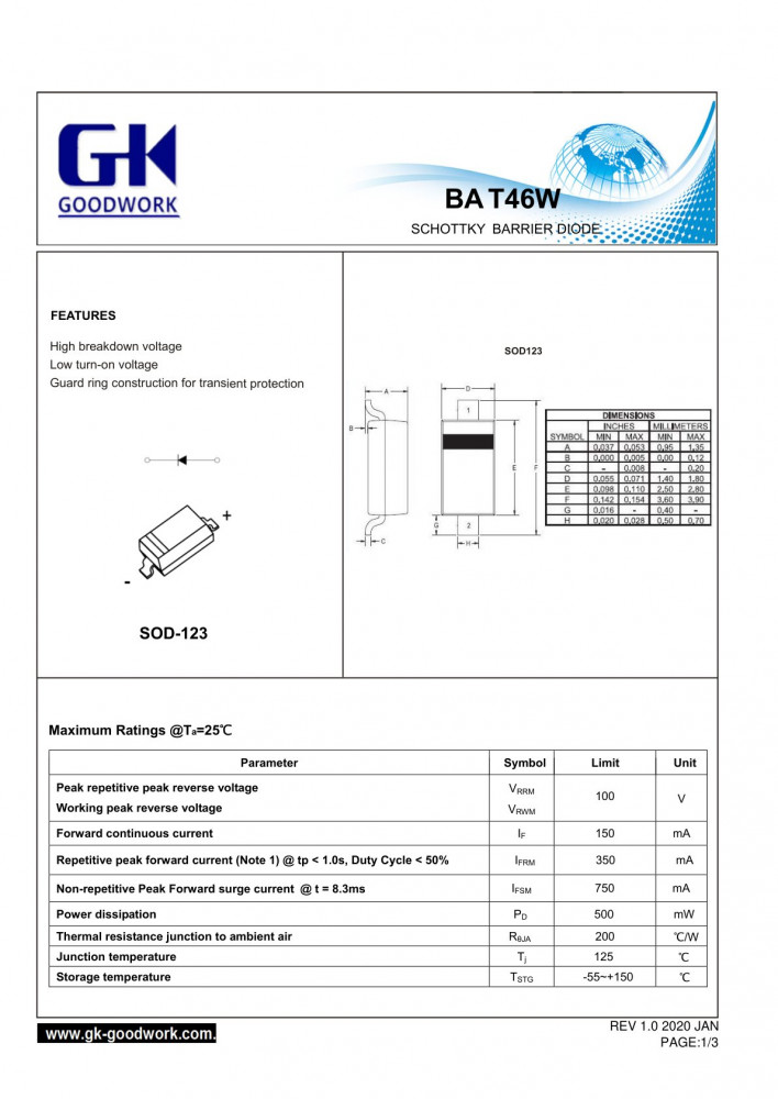 BAT46W technical document page 1