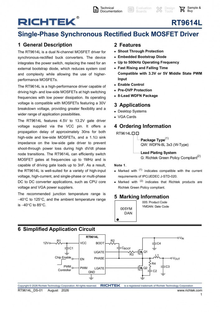 RT9614 technical document page 1