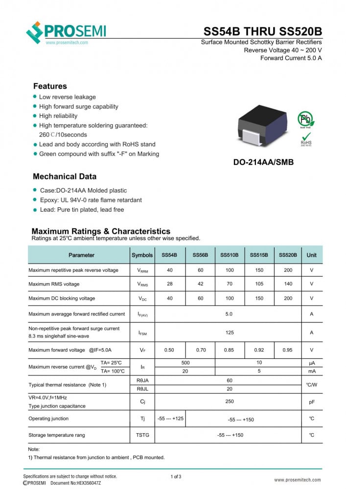 SS54B datasheet page 1