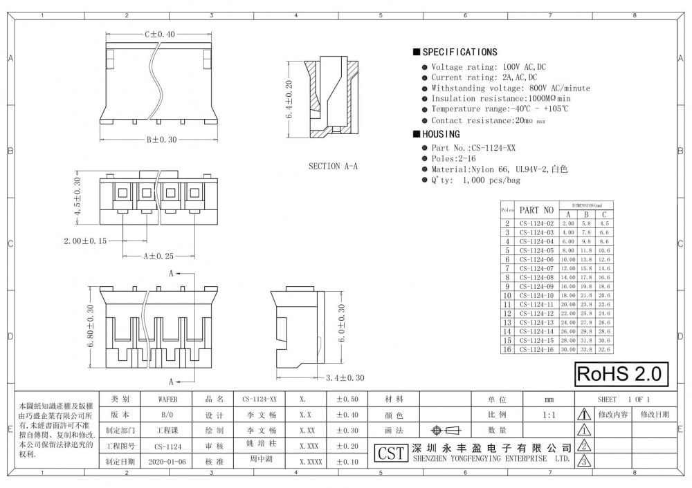 CST CS-1124 series technical drawing and specifications
