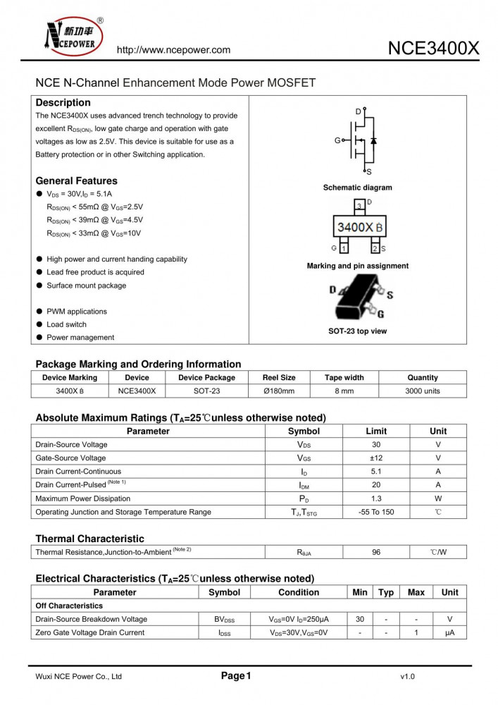 NCE3400X datasheet page 1