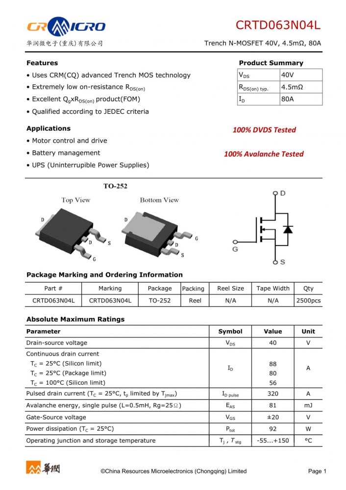 CRTD063N04L datasheet page 1