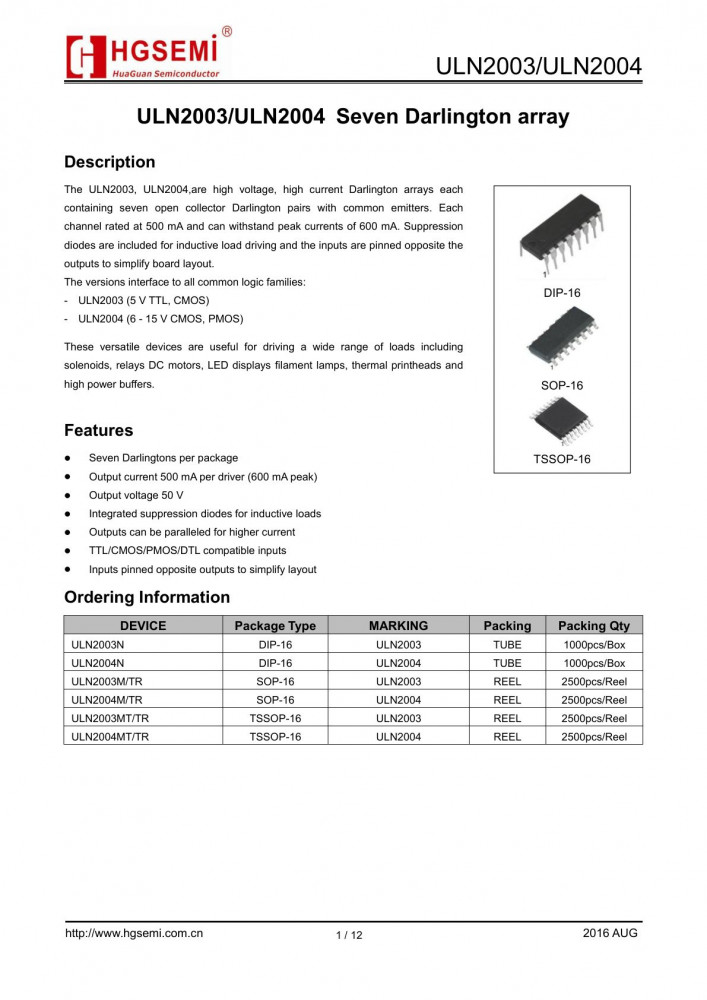 ULN2003N datasheet page 1