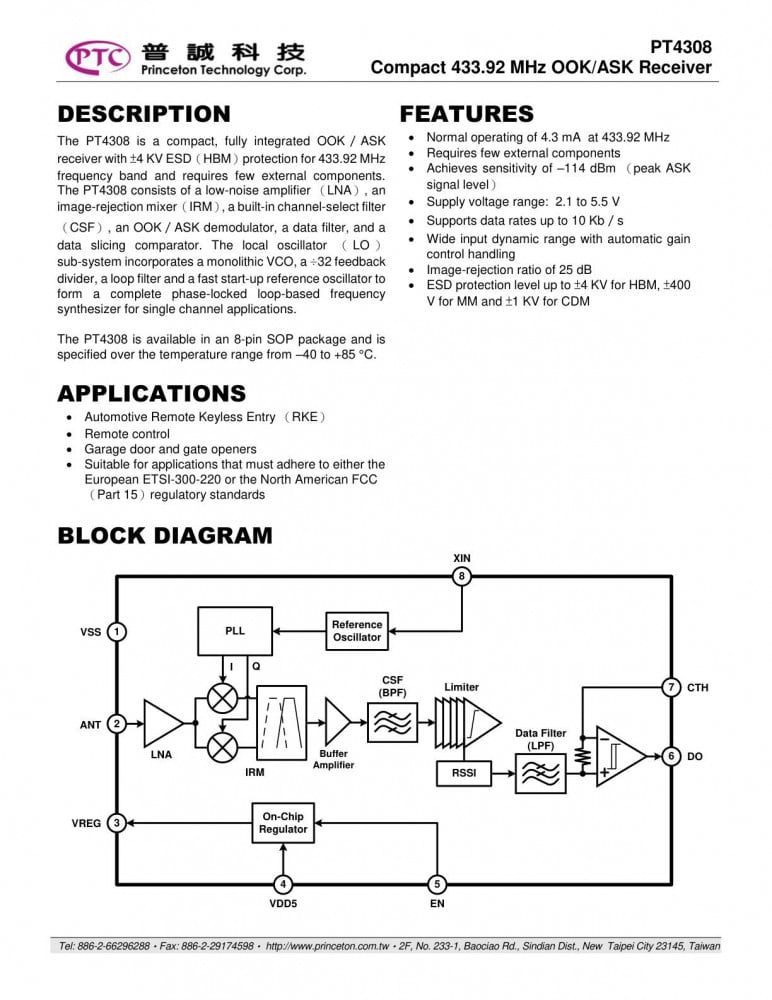 PT4308 datasheet page 1